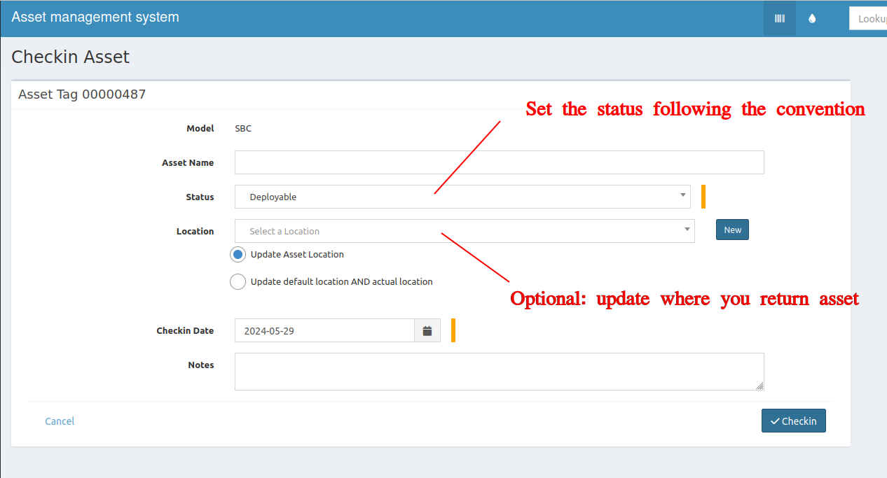 Checkin asset - VISSET documentation